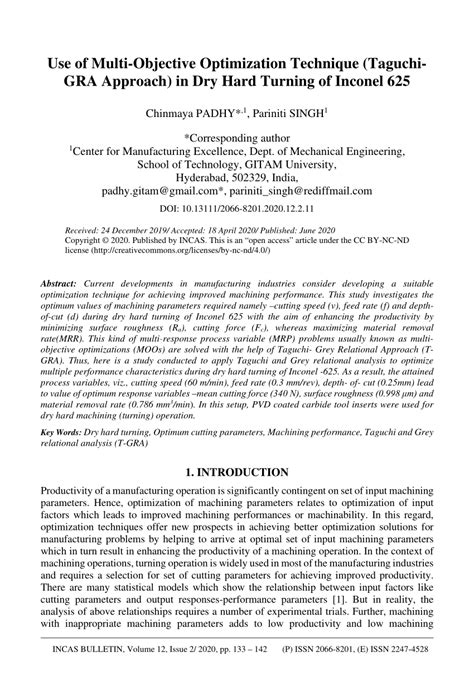 Pdf Use Of Multi Objective Optimization Technique Taguchi Gra Approach In Dry Hard Turning