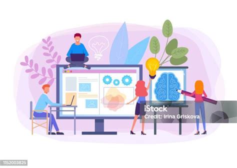 프로젝트에서 작업 하는 사무실 노동자 팀 문자 벡터 평면 만화 그래픽 디자인 배너 포스터 일러스트 비즈니스에 대한 스톡 벡터