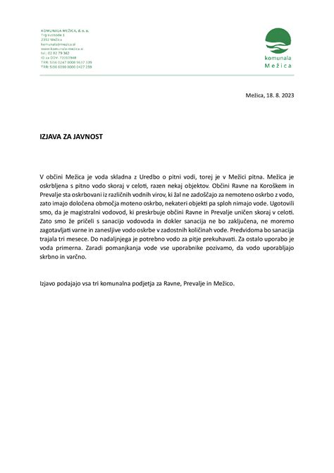 Izjava Za Javnost Komunala Mežica
