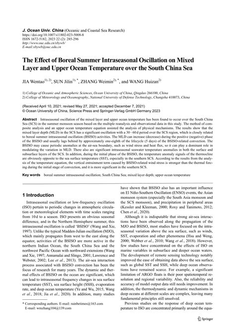 Pdf The Effect Of Boreal Summer Intraseasonal Oscillation On Mixed Layer And Upper Ocean