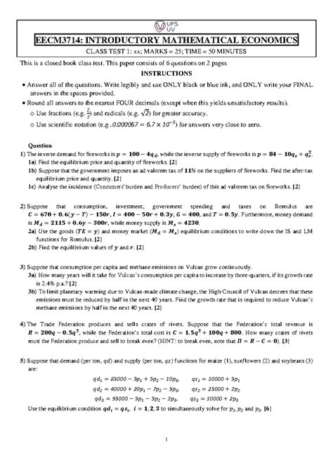Past Class Test 1 Mathematical Economics 1 Eecm3714 Introductory Mathematical Economics