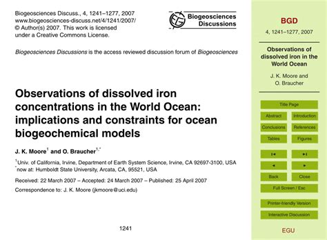 Pdf Observations Of Dissolved Iron Concentrations In The World Ocean Implications And