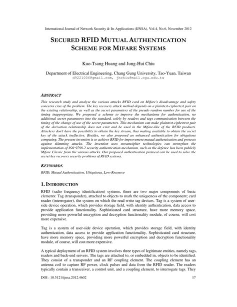 pdf secured rfid mutual authentication scheme for mifare systems