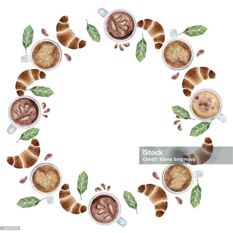 수채화 손으로 그린 원형 프레임 화환에는 카푸치노 커피 컵 나뭇잎 콩 크로와상이 있습니다 흰색 배경에 격리 초대장 카페 레스토랑