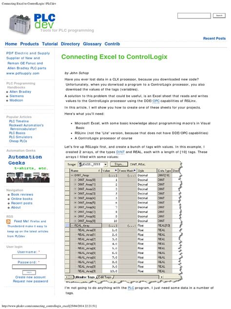 connecting excel to controllogix plcdev pdf microsoft excel programmable logic controller