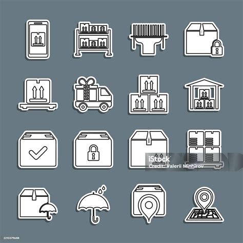 지도에 라인 자리 표시자를 설정하고 골판지 상자 팔레트 창고 스캐너 스캔 바코드 선물이 있는 배송 트럭 모바일 앱 추적 및 교통 아이콘을 설정합니다 벡터 Brand Name