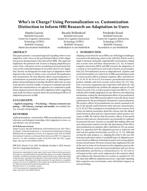 Pdf Whos In Charge Using Personalization Vs Customization Distinction To Inform Hri