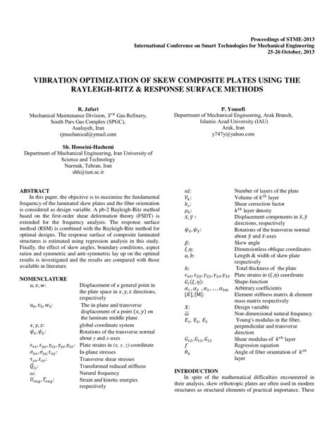 Pdf Vibration Optimization Of Skew Composite Plates Using The Rayleigh Ritz And Response Surface