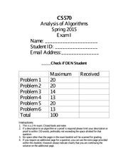 CS70 Midterm Exam 1 Spring2015 Solution CS570 Analysis Of Algorithms Spring 2015 Exam I Name