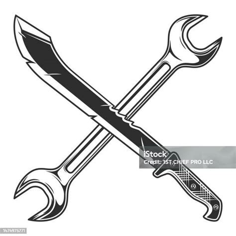 기계식 스패너 렌치 아이콘이 있는 마체테 정글에서 사냥꾼의 날카로운 칼 근접 무기 흰색 배경에 격리된 흑백 벡터 강철에 대한 스톡 벡터 아트 및 기타 이미지 Istock