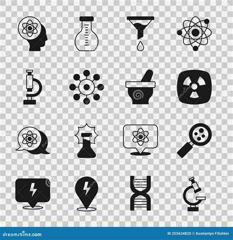 Set Microscope Microorganisms Under Magnifier Radioactive Funnel Filter Virus Atom And