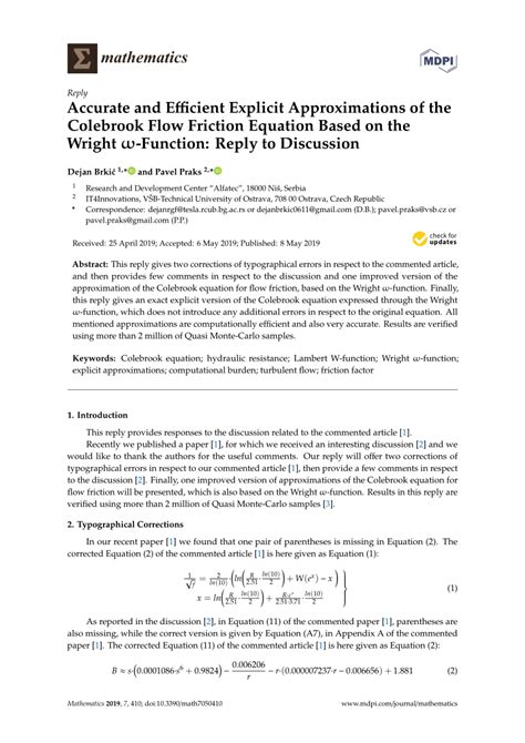 Pdf Accurate And Efficient Explicit Approximations Of The Colebrook Flow Friction Equation