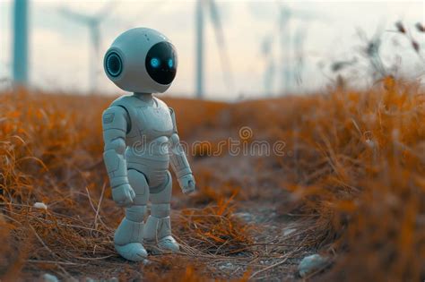 Robot Standing On Field Path At A Wind Farm Stock Illustration