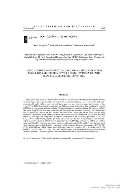 Pdf Using Additive Main Effect And Multiplicative Interaction Model For Exploration Of Yield