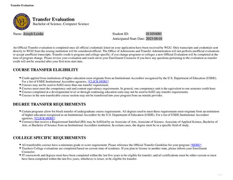 Transcript Evaluation Results Transfer Evaluation Bachelor Of Science