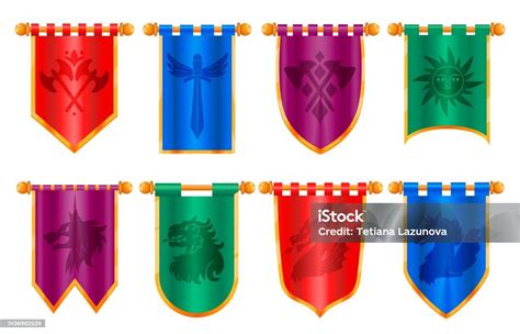 중세 왕실 배너입니다 고대 기사 페넌트 전령 엠블럼이 있는 클래식 빅토리아 깃발 Ui 게임 앱 디자인을 위한 만화 리갈 깃대 벡터 세트 기에 대한 스톡 벡터 아트 및 기타