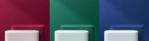 진한 빨강 녹색 파랑 및 흰색 3d 배경에 둥근 스탠드 제품 연단이 있는 세트 쇼케이스 배너 프로모션 디스플레이를 위한 최소 벽