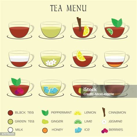 차 메뉴 아이콘의 집합입니다 다양한 토핑과 다른 뜨거운 음료 조리법 벡터 배너 컬렉션 인포 그래픽 개념 웹 디자인 또는 레스토랑 차 카르테 라벨 0명에 대한 스톡 벡터 아트