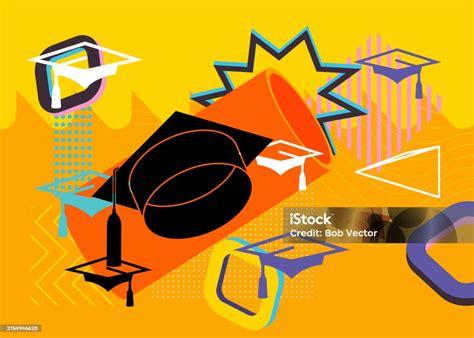 졸업 모자 박격포 보드 와 기하학적인 그래픽 복고풍 테마 배경 최소한의 기하학적 요소 빈티지 추상 모양 벡터 일러스트 레이 션