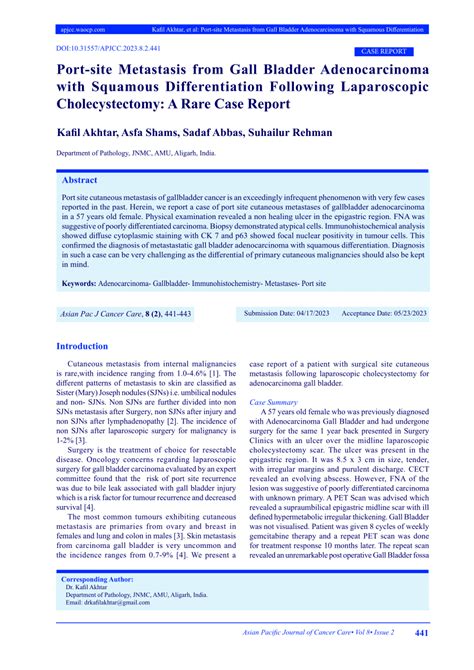 Pdf Port Site Metastasis From Gall Bladder Adenocarcinoma With Squamous Differentiation