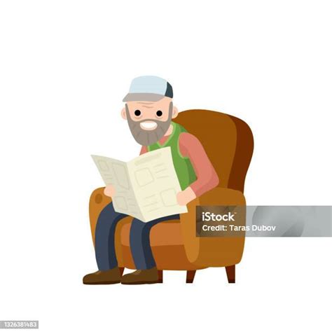 노인은 갈색 의자에 앉아 신문을 읽는다 시니어의 라이프 스타일 만화 평면 일러스트 휴식과 뉴스와 함께 할아버지의 휴식 가구 안락의자 60 69세에 대한 스톡 벡터 아트 및