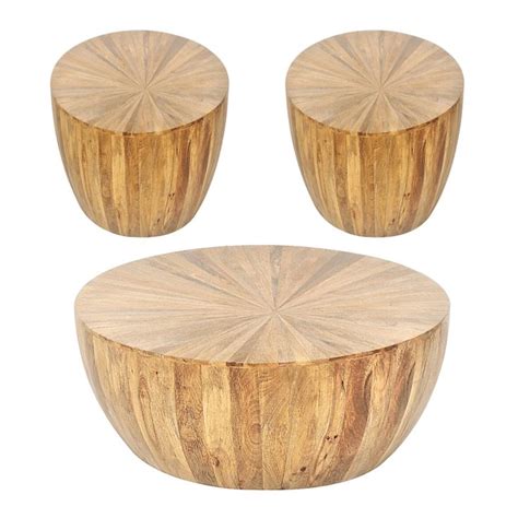 Sunburst Pattern Solid Wood Drum Coffee Table Mango Wood At Brooke