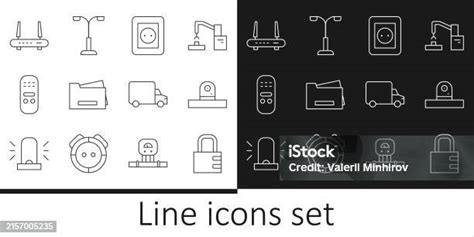 회선 안전 조합 잠금 장치 보안 카메라 전기 콘센트 프린터 원격 제어 라우터 및 Wifi 신호 배달화물 트럭 및 가로등 아이콘을 설정합니다 벡터 거리에 대한 스톡 벡터 아트