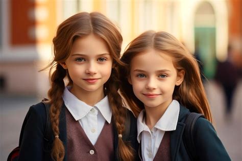 Premium Photo Portrait Of Two Cute Schoolgirl Girls