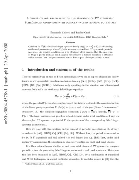 Pdf A Criterion For The Reality Of The Spectrum Of Pt Symmetric Schrödinger Operators With