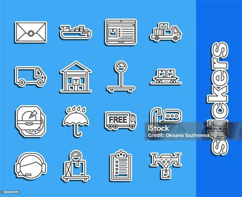 패키지 전화 말풍선 채팅 철도 운송 노트북 앱 배달 추적 창고 화물 트럭 차량 봉투 및 저울 아이콘으로 라인 배달 드론을 설정합니다 벡터 0명에 대한 스톡 벡터 아트 및