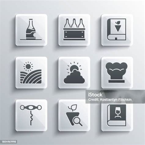 포도 세트 와인 요리사 모자 태양과 구름 날씨 와인 코르크 마개 포도밭 포도 병 및 아이콘에 관한 책 벡터 고풍스런에 대한 스톡 벡터 아트 및 기타 이미지 Istock