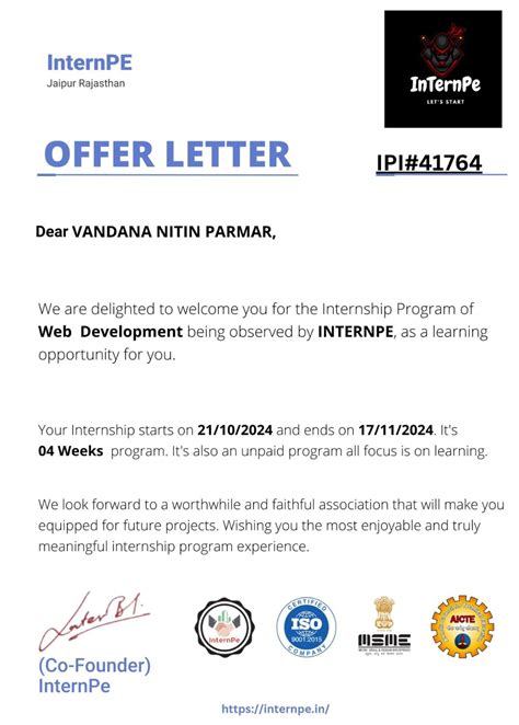 vandana parmar on linkedin internship internpe programming