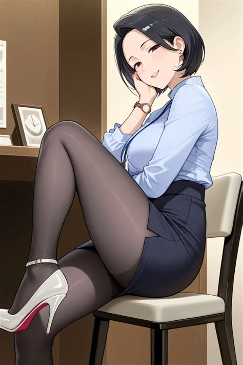 Bold Black Haired Mature Woman Office Lady With Short Bob Light Blue Blouse Tigh Seaart Ai