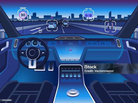 디지털 대시보드 Hud 디스플레이 및 지능형 오토파일럿 센서 시스템을 갖춘 자율 주행 자동차 내부 미래지향적인 무인 스마트 차량에서 야간 도시와 도로의 전망 내비게이션 개념