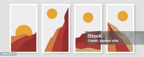 4 개의 추상 적 미학 중반 세기 현대 풍경 현대 풍경 현대 보헤 포스터 표지 템플릿의 세트 아트 프린트 엽서 벽지 벽예술에 대한 최소한의 자연 일러스트레이션 0명에 대한