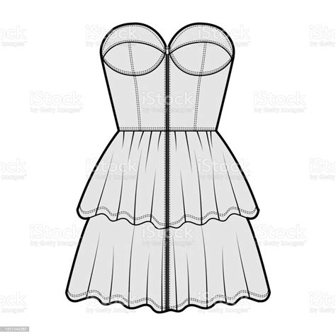 스트랩리스 핏 바디 2줄 미니 길이 러플 티어 스커트가 돋보이는 지퍼업 뷔스티에 드레스 테크니컬 패션 일러스트 0명에 대한 스톡