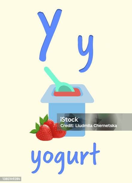 영어 알파벳을 학습 문자 Y와 요구르트 일러스트가 있는 카드 개발에 대한 스톡 벡터 아트 및 기타 이미지 개발 공부 교사