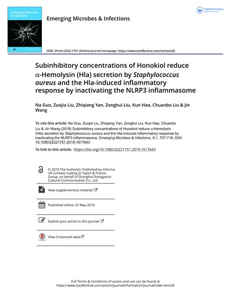 Pdf Subinhibitory Concentrations Of Honokiol Reduce α Hemolysin Hla Secretion By
