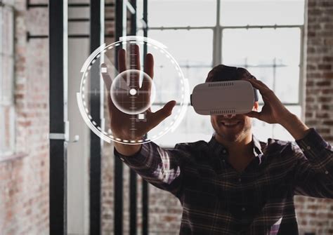 Premium Photo Man In Vr Headset Touching Interface Against Gym Background