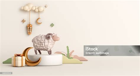 염소 양 아랍어 랜턴 초승달 선물 상자 라마단 카림 마울리드 이프타르 이드 알 피트르 무하람 복사 공간 텍스트 영역 3d 그림이 있는 이드 알 아다 이슬람 장식 배경 3차원