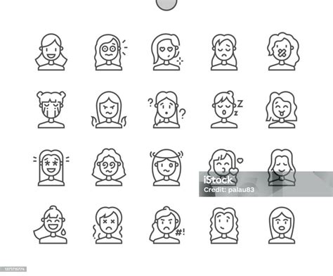 여성의 인간의 감정 여자와 여자 얼굴 실망 행복 혼란 저주 충격 및 기타 픽셀 완벽한 벡터 얇은 선 아이콘 간단한 최소 그림 사람 얼굴에 대한 스톡 벡터 아트 및 기타