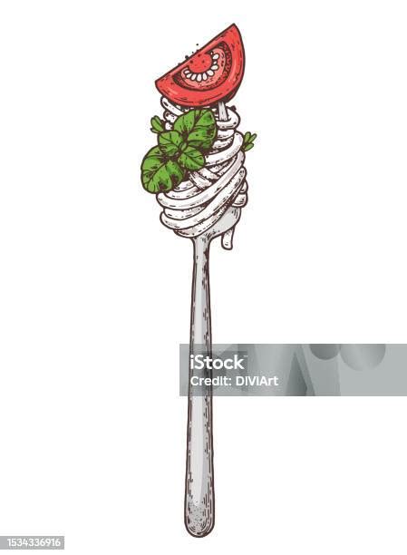 포크에 토마토를 곁들인 이탈리안 파스타 손으로 그린 벡터 그림입니다 이탈리아 음식 포크 스케치에 스파게티 파스타 디자인 요소입니다 개념에 대한 스톡 벡터 아트 및 기타