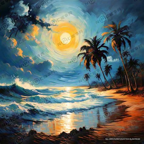 AI创作图夕阳椰树蓝色浪花nipic 昵图网