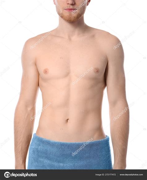 Young Man With Slim Body In Towel On White Background Closeup Stock