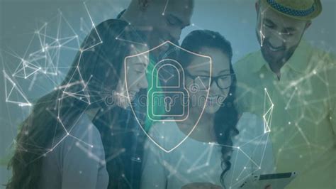 Digital Security Lock Animation Over Diverse People Looking At Tablet Stock Footage Video Of