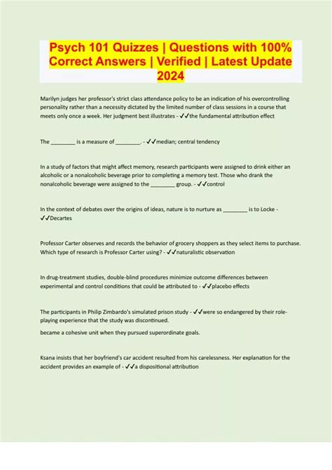Psych 101 Quizzes Questions With 100 Correct Answers Verified Latest Update 2024 Psych