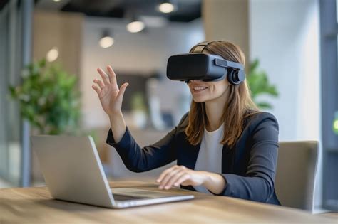 Woman Using Vr Headset In Modern Office Interacting With Virtual Environment And Laptop