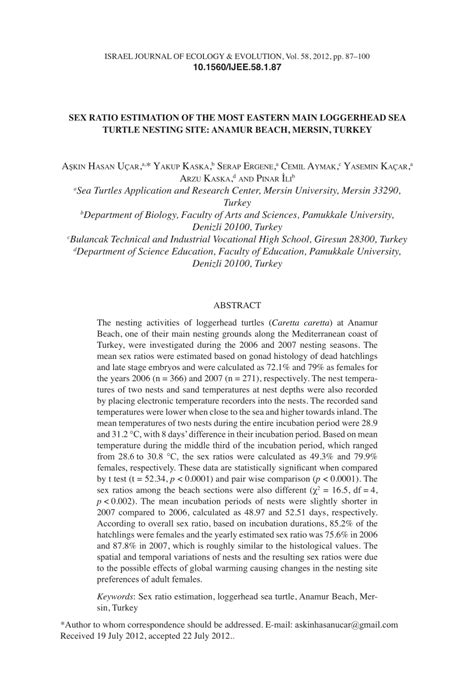 Pdf Sex Ratio Estimation Of The Most Eastern Main Loggerhead Sea