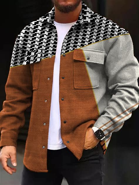 Mens Casual Jacket Colorblock Houndstooth Print Long Sleeve Pockets