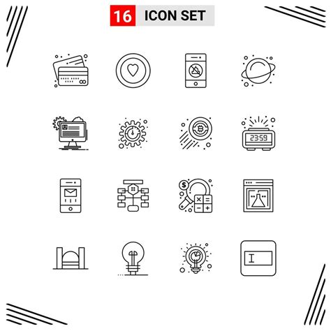 Group Of 16 Modern Outlines Set For Report Account Audio Space Rotation Editable Vector Design